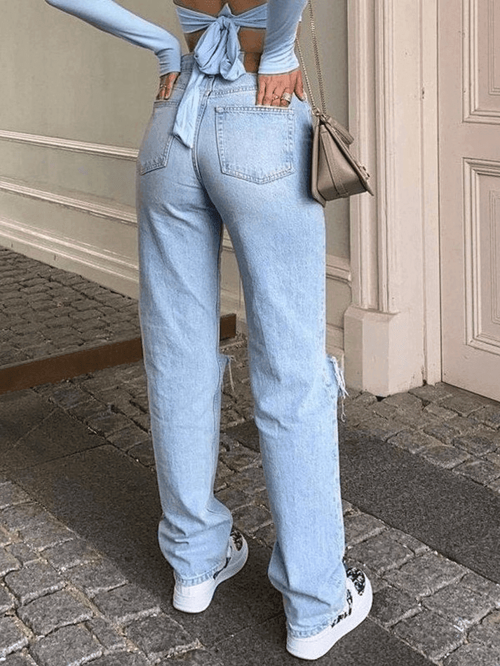 Blue Wash Straight Leg Knee Ripped Jeans – AnotherChill