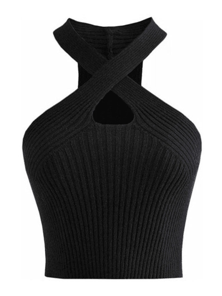 2025 Cross Over Crop Knit Tank Top Black ONE SIZE in Tops&Tees Online ...