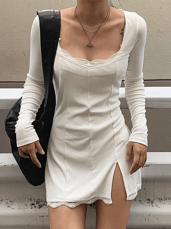 Lace Paneled Split Long Sleeve Mini Dress – AnotherChill