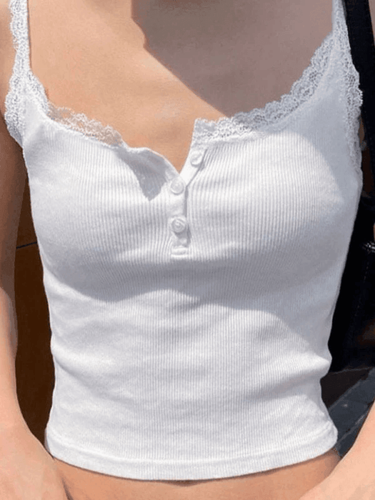 Lace Trim Button-Up Ribbed Crop Cami Top – AnotherChill