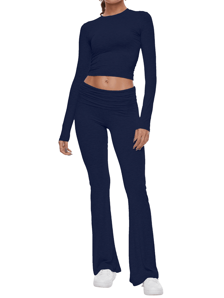 Long Sleeve Cropped Top Fold-over Flare Pants Set – AnotherChill