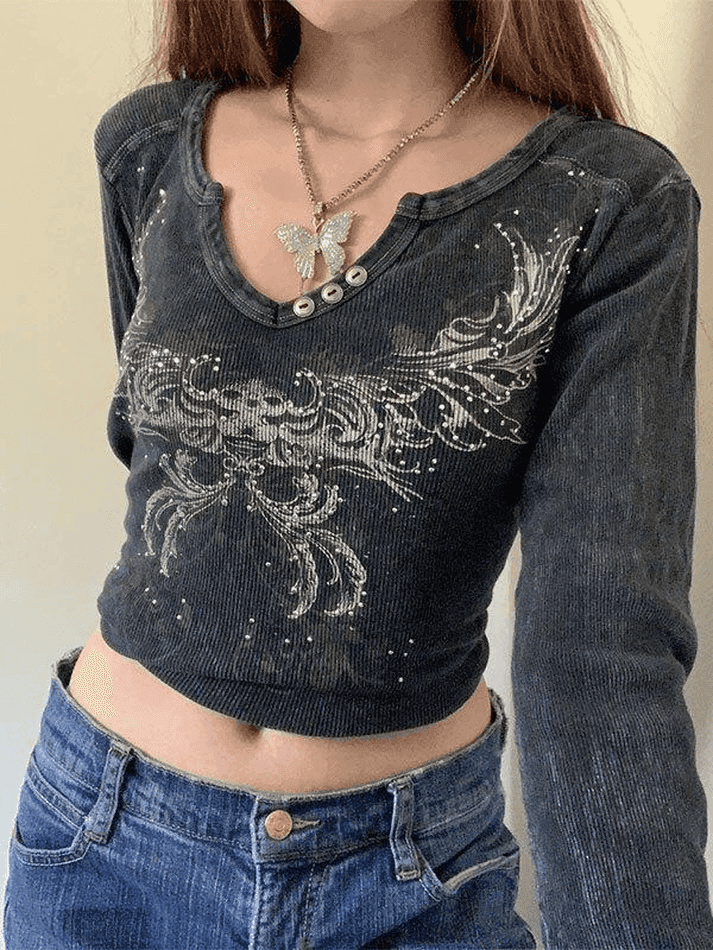 Rhinestone Detail Long Sleeve Crop Top – AnotherChill