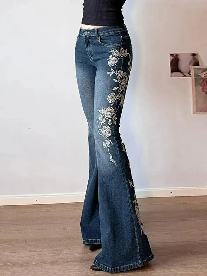 Vintage Rose Embroidery Gradient Flared Jeans – AnotherChill