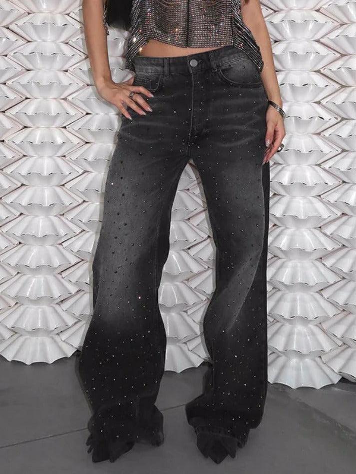 Wash Distressed Rhinestone High Rise Boyfriend Jeans – AnotherChill
