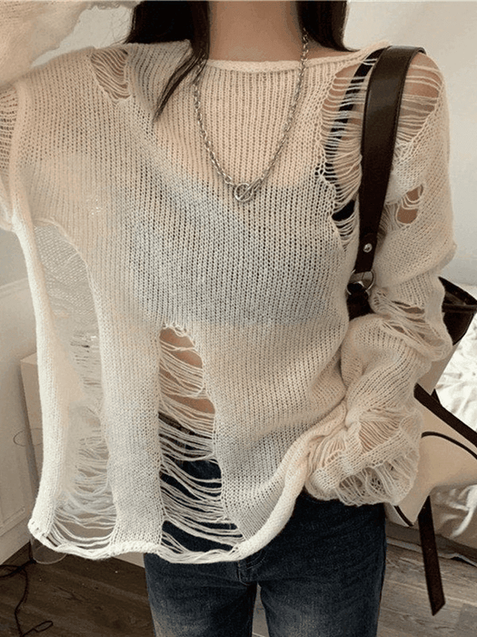 White Long Sleeve Distressed Knit Top – AnotherChill