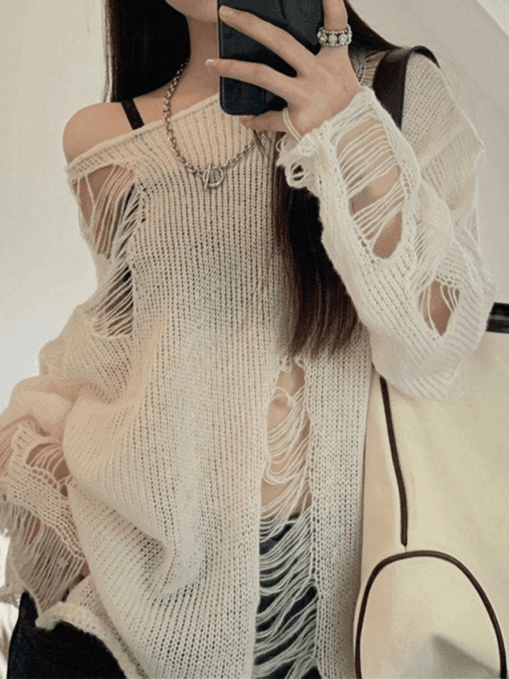 White Long Sleeve Distressed Knit Top – AnotherChill