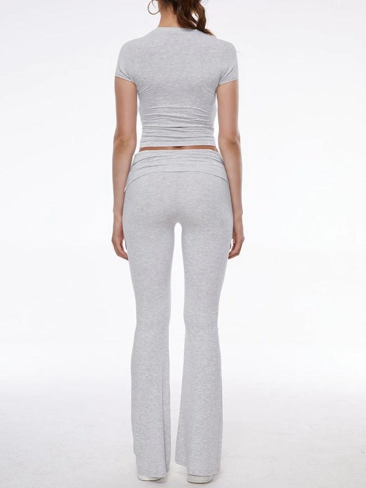 2024 Short Sleeve Cropped Top Fold-over Flare Pants Set Gray XS in Two ...