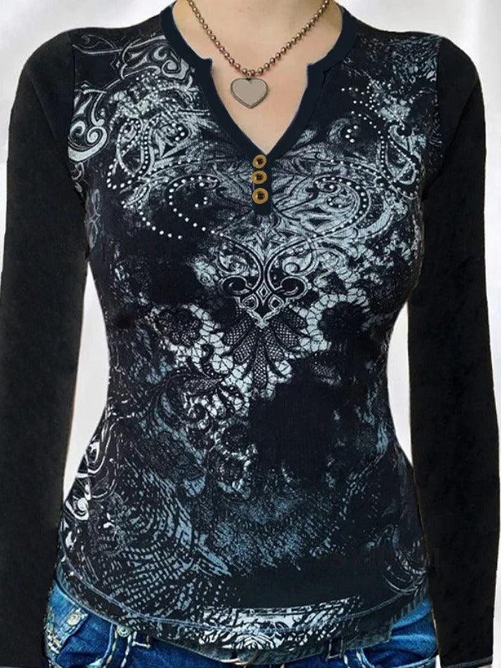 Gothic Print V Neck Long Sleeve Tee – AnotherChill