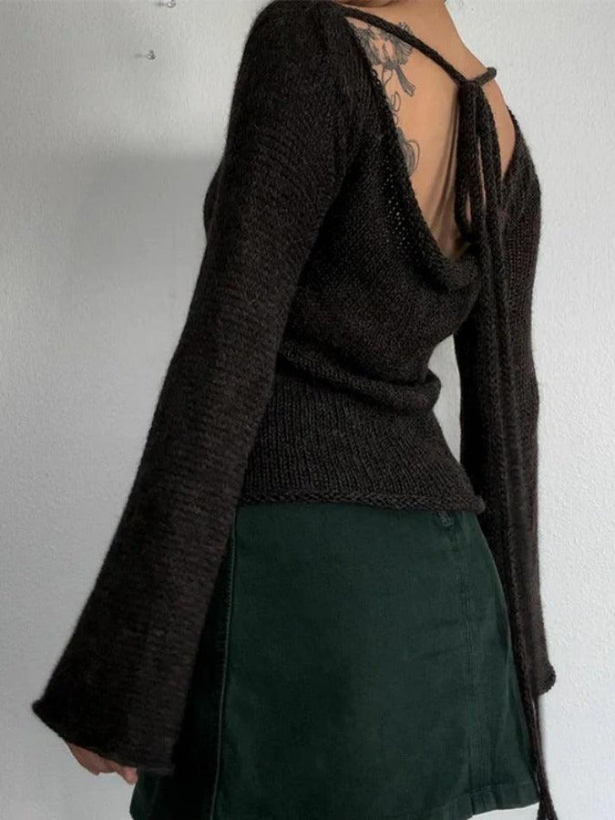 Solid Color Backless Lace Up Long Sleeve Knit – AnotherChill