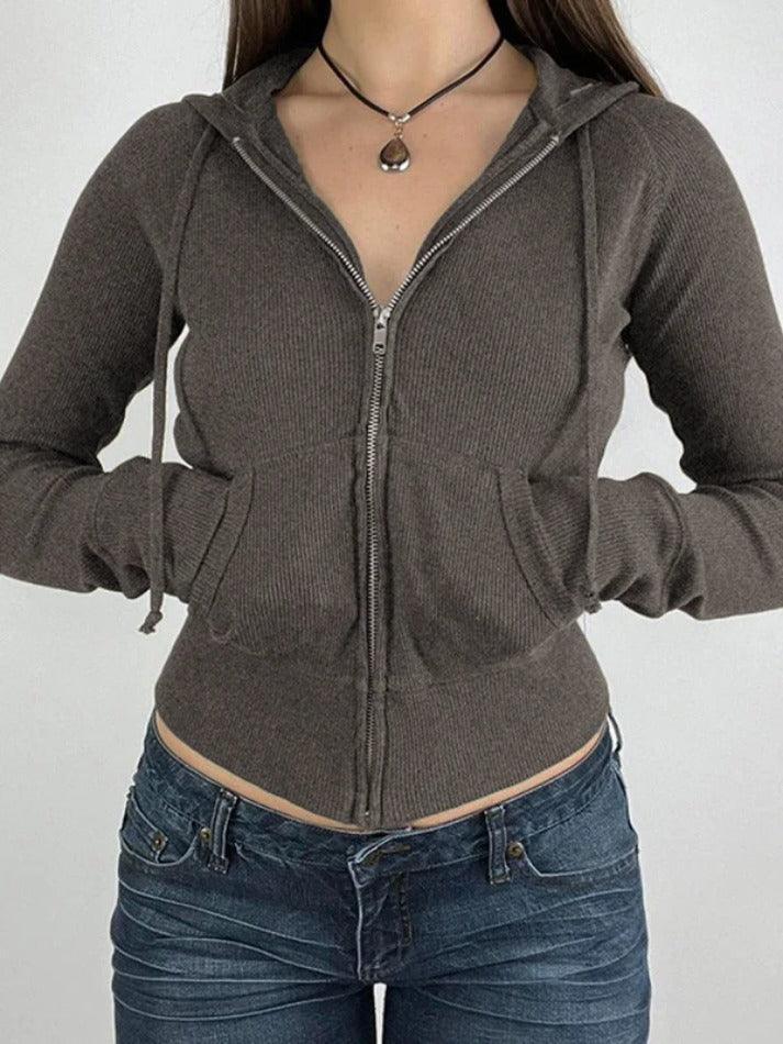 Solid Ribbed Zip Up Drawstring Hooded Long Sleeve Knit – AnotherChill