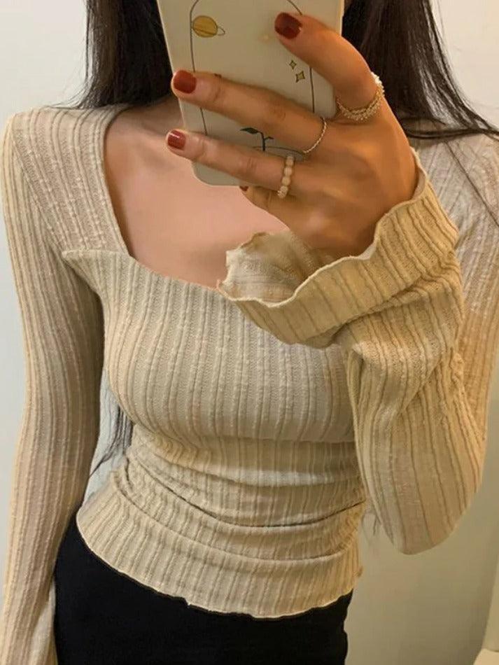 Square Neck Flare Sleeve Slim Knit – AnotherChill
